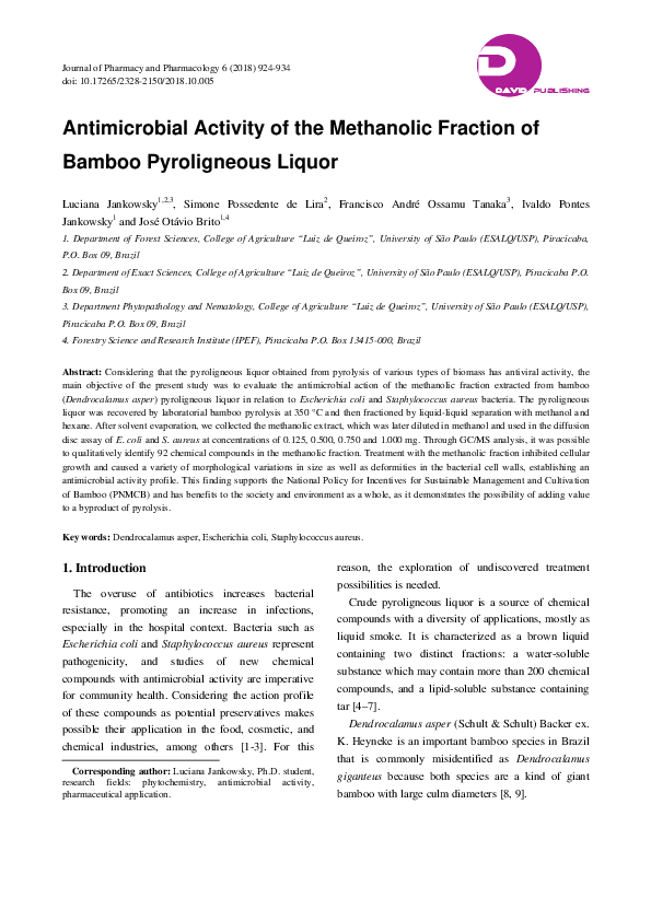 (PDF) Antimicrobial Activity of the Methanolic Fraction of Bamboo Pyroligneous Liquor