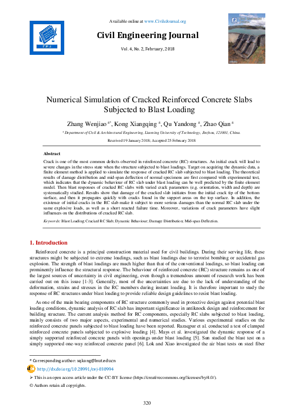 Pdf Numerical Simulation Of Cracked Reinforced Concrete Slabs Subjected To Blast Loading