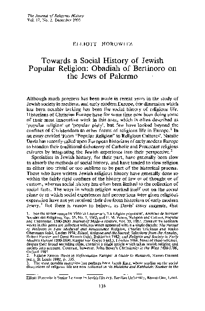 (PDF) Elliott Horowitz, “Towards a Social History of Jewish Popular ...