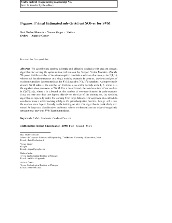 (PDF) Pegasos: Primal Estimated sub-GrAdient SOlver for SVM