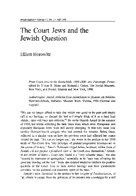 (PDF) Elliott Horowitz, “The Court Jews and the Jewish Question ...