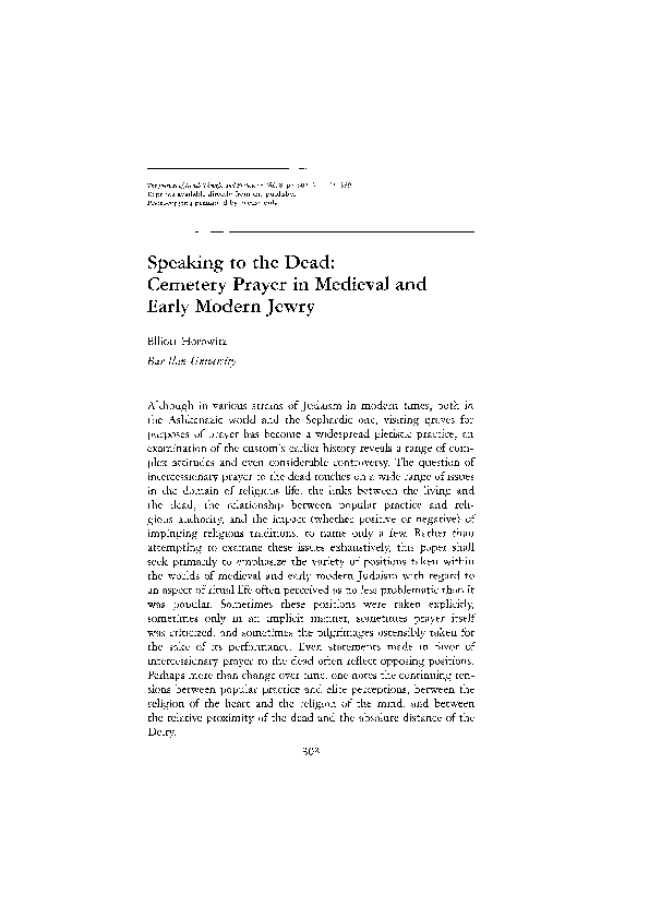 (PDF) Elliott Horowitz, “Speaking to the Dead: Cemetery Prayer in ...