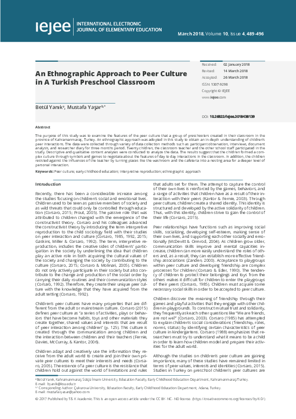 (PDF) An Ethnographic Approach to Peer Culture in A Turkish Preschool ...