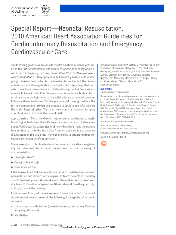 (PDF) Special Report—Neonatal Resuscitation: 2010 American Heart Association Guidelines for ...