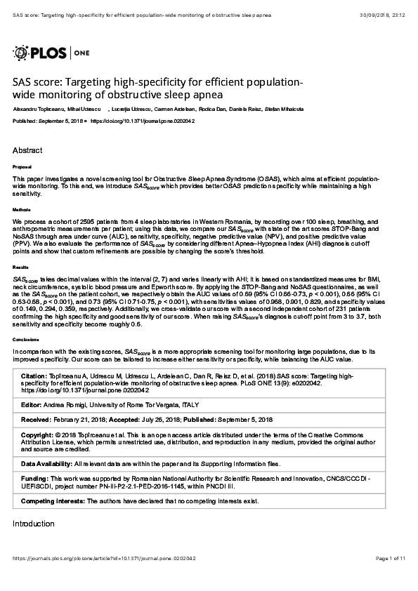 (PDF) SAS score Targeting high specificity for efficient population ...