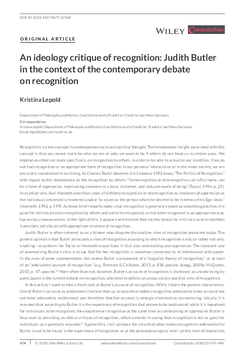 (PDF) An Ideology Critique of Recognition: Judith Butler in the Context ...