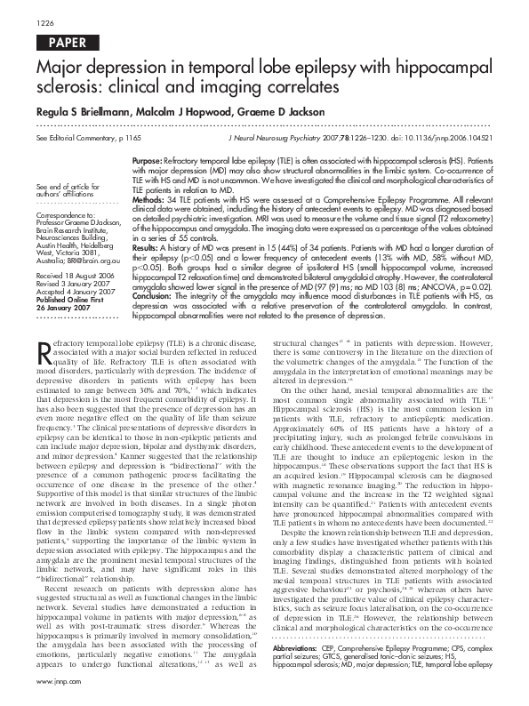 (PDF) Temporal lobe epilepsy, depression, and hippocampal volume ...