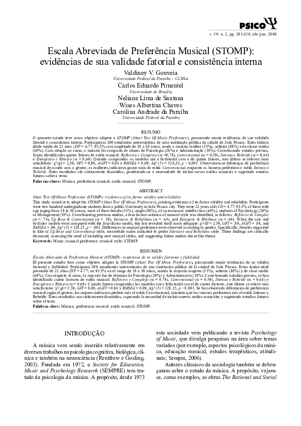 (PDF) Escala Abreviada de Preferência Musical (STOMP): evidências de ...