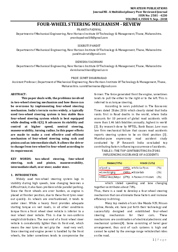 (PDF) Four Wheel Steering Mechanism | IRJET Journal - Academia.edu