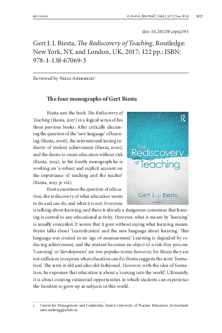 (PDF) Gert J. J. Biesta, The Rediscovery of Teaching, Routledge: New ...