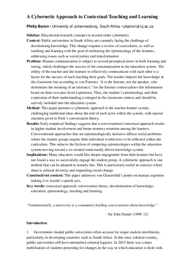 (PDF) A Cybernetic Approach to Contextual Teaching and Learning