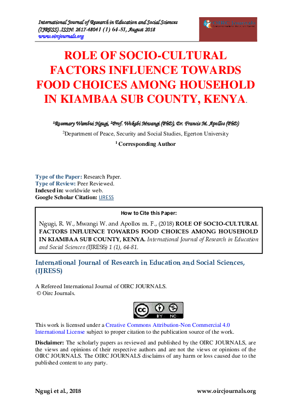 (PDF) ROLE OF SOCIO-CULTURAL FACTORS INFLUENCE TOWARDS FOOD CHOICES ...