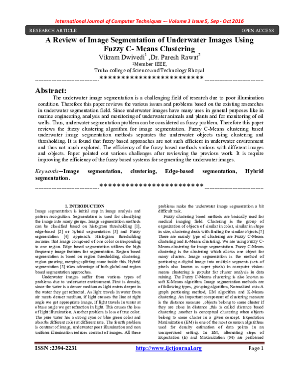 Pdf A Review Of Image Segmentation Of Underwater Images Using Fuzzy C