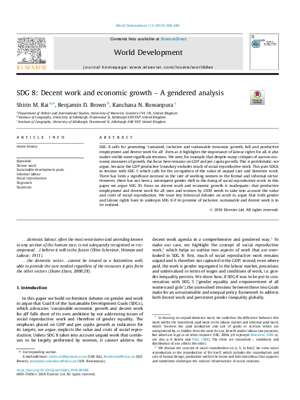 (PDF) SDG 8: Decent work and economic growth – A gendered analysis