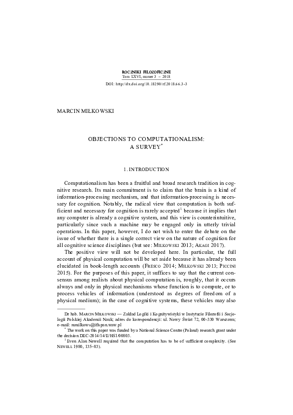 (PDF) OBJECTIONS TO COMPUTATIONALISM: A SURVEY