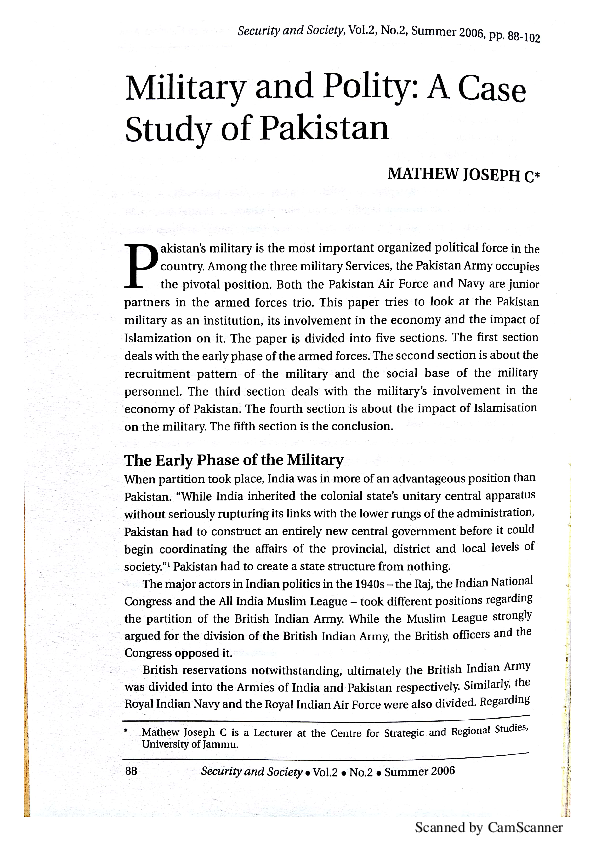 (PDF) Mathew Joseph C., "Military and Polity: A Case Study of Pakistan", Security and Society ...