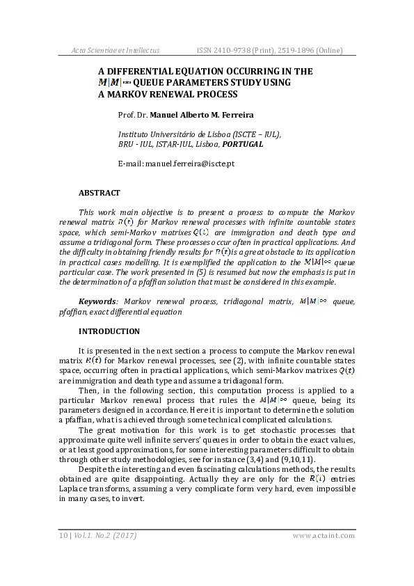 (PDF) A DIFFERENTIAL EQUATION OCCURRING IN THE QUEUE PARAMETERS STUDY USING A MARKOV RENEWAL PROCESS