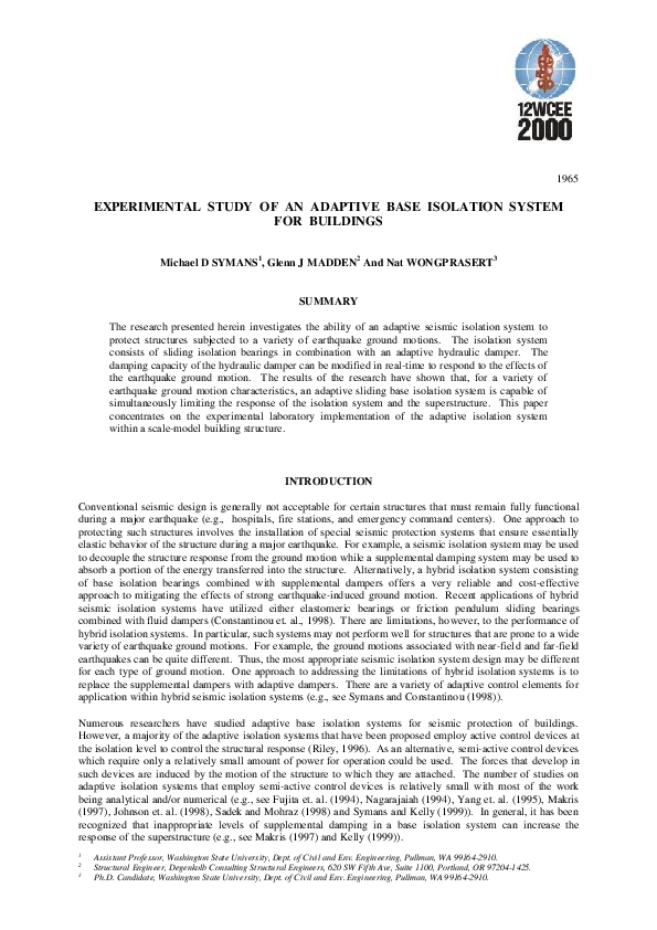 (PDF) EXPERIMENTAL STUDY OF AN ADAPTIVE BASE ISOLATION SYSTEM FOR BUILDINGS