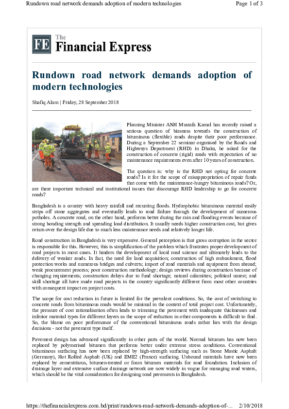 (PDF) Rundown road network demands adoption of modern technologies