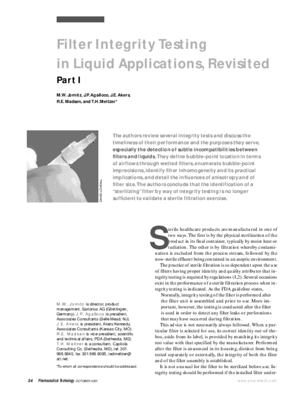 (PDF) Considerations in sterile filtration--Part I: The changed role of ...