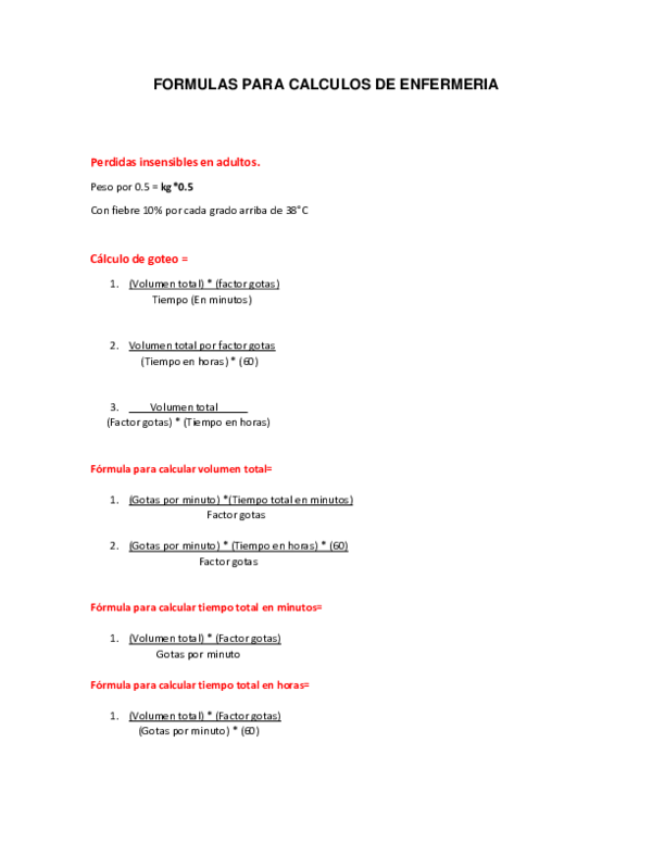 Pdf Formulas Para Calculos De Enfermeria