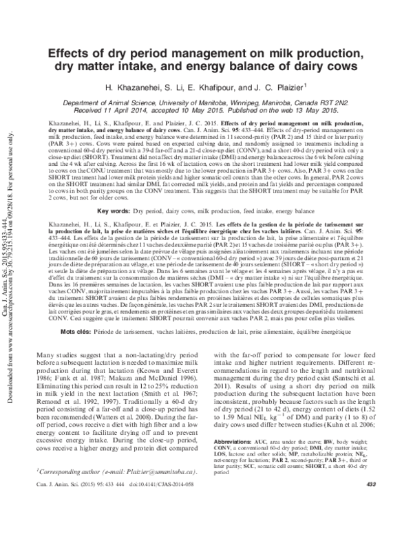 (PDF) Effects of dry period management on milk production, dry matter ...