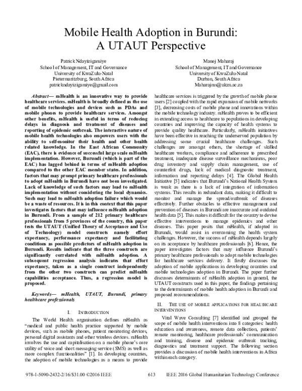 (PDF) Mobile health adoption in Burundi: A UTAUT perspective
