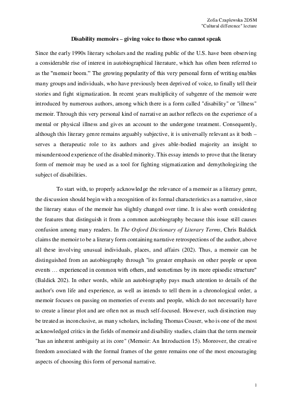 (DOC) Disability memoirs – giving voice to those who cannot speak