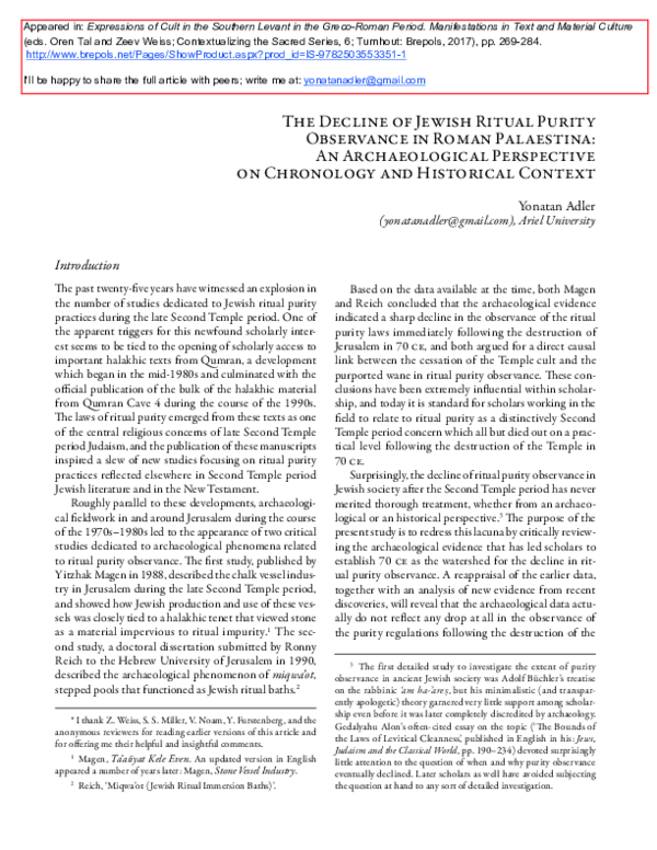 (PDF) The Decline of Jewish Ritual Purity Observance in Roman ...
