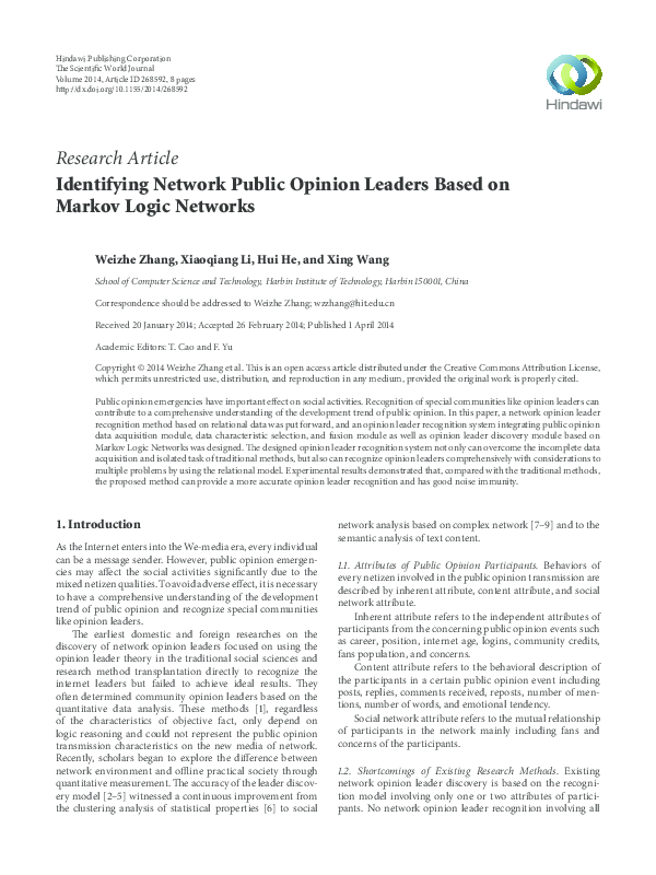 (PDF) Identifying network public opinion leaders based on Markov Logic Networks