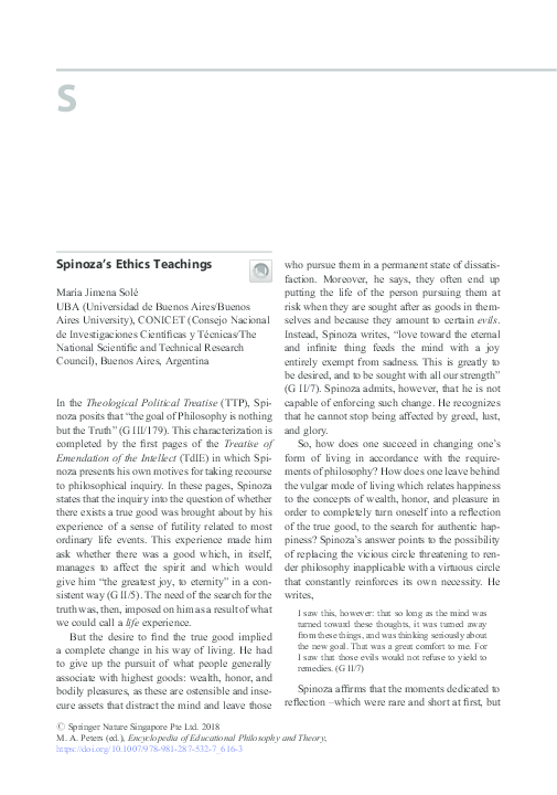 (PDF) Spinoza's Ethics Teachings (2018)In: Peters M. (eds) Encyclopedia ...