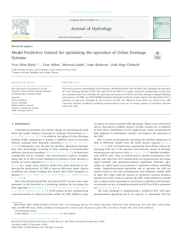 (PDF) Model Predictive Control for optimising the operation of Urban Drainage Systems