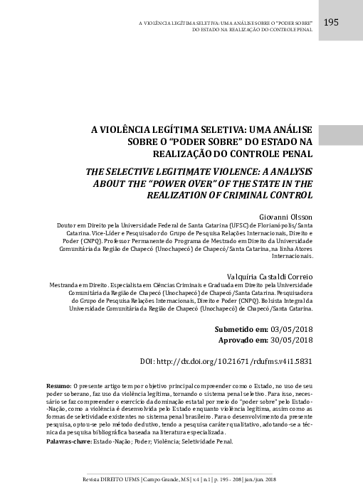 (PDF) A VIOLÊNCIA LEGÍTIMA SELETIVA: UMA ANÁLISE SOBRE O " PODER SOBRE ...