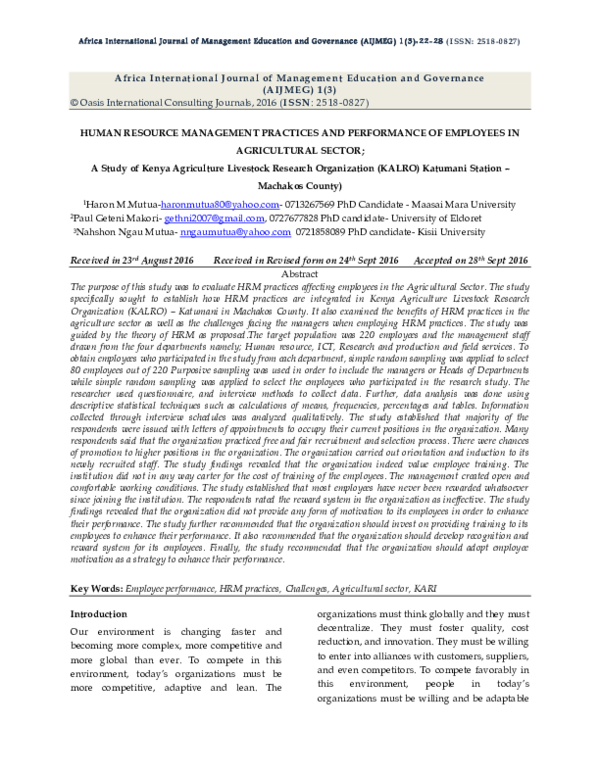 Pdf Human Resource Management Practices And Performance Of Employees In