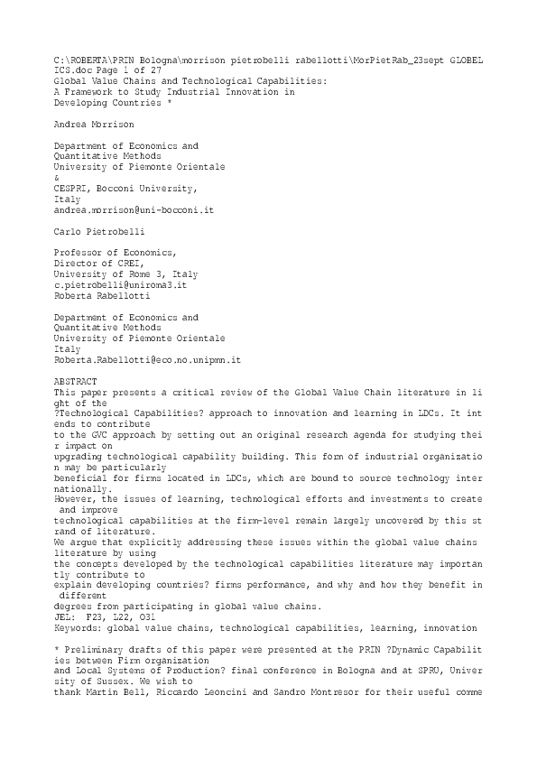 Global value chains and technological capabilities: a framework to study learning and innovation ...