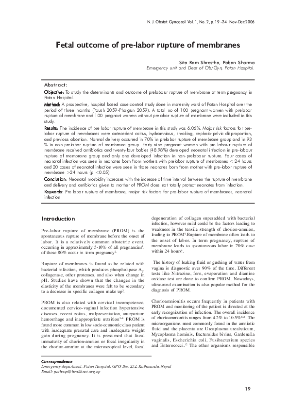 (PDF) Fetal outcome of pre-labor rupture of membranes