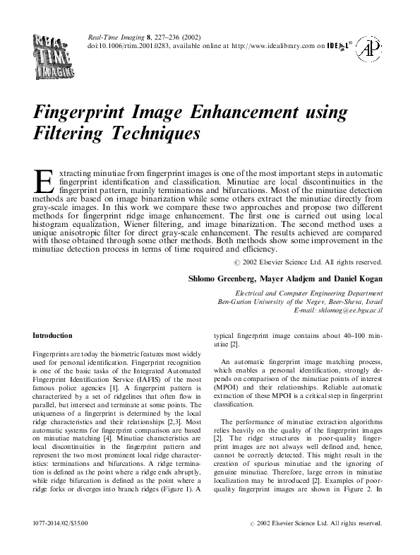 Pdf Fingerprint Image Enhancement Using Filtering Techniques