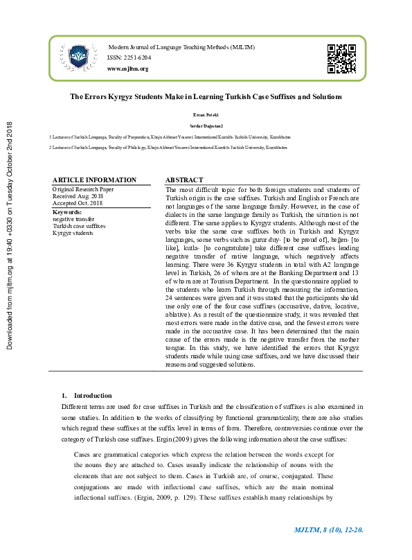 (PDF) The Errors Kyrgyz Students Make in Learning Turkish Case Suffixes ...