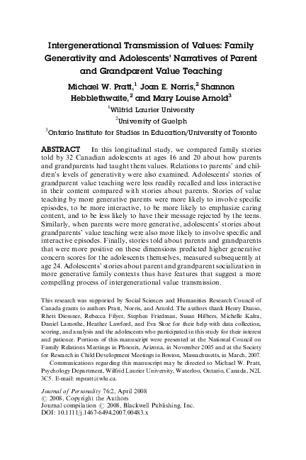(PDF) Intergenerational Transmission of Values: Family Generativity and ...