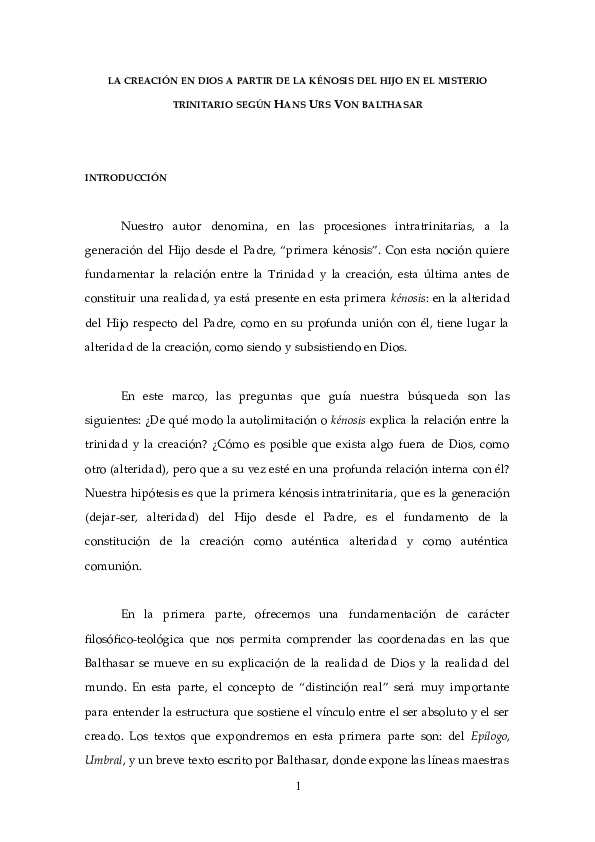 (DOC) LA CREACIÓN EN DIOS A PARTIR DE LA KÉNOSIS DEL HIJO EN EL MISTERIO TRINITARIO SEGÚN HANS ...