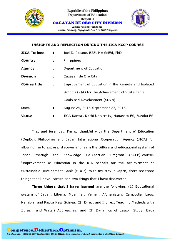 (PDF) INSIGHTS AND REFLECTION DURING THE JICA KCCP COURSE