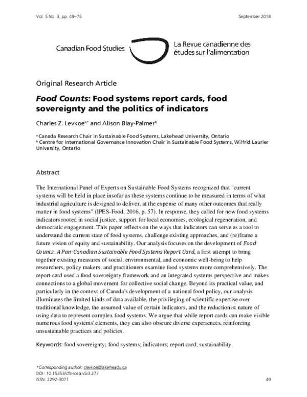 (PDF) Food Counts: Food systems report cards, food sovereignty and the ...