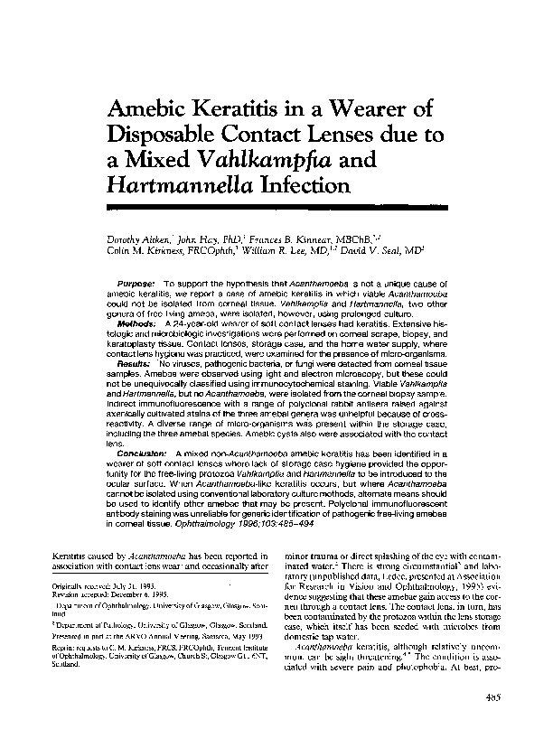 (PDF) Amebic Keratitis in a Wearer of Disposable Contact Lenses due to ...