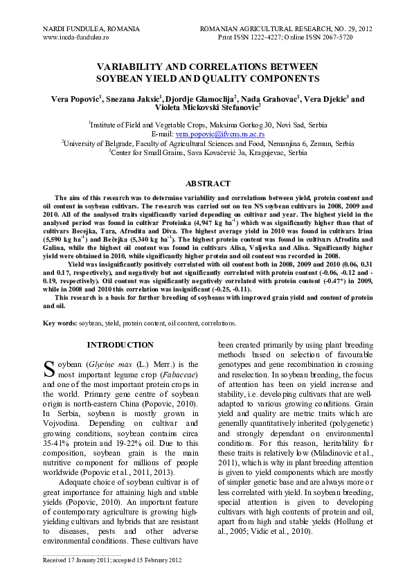 (PDF) VARIABILITY AND CORRELATIONS BETWEEN SOYBEAN YIELD AND QUALITY COMPONENTS