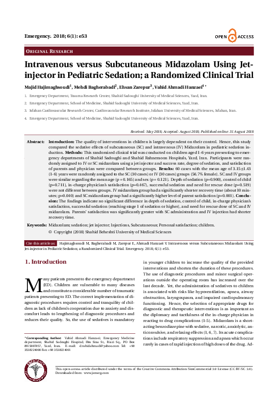 (PDF) Intravenous versus Subcutaneous Midazolam Using Jet-injector in ...