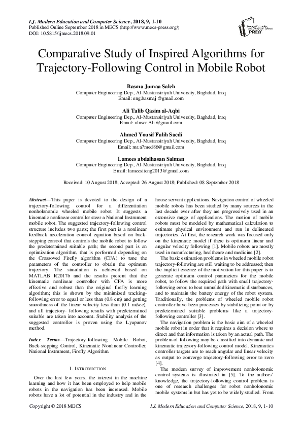 (PDF) Comparative Study of Inspired Algorithms for Trajectory-Following Control in Mobile Robot