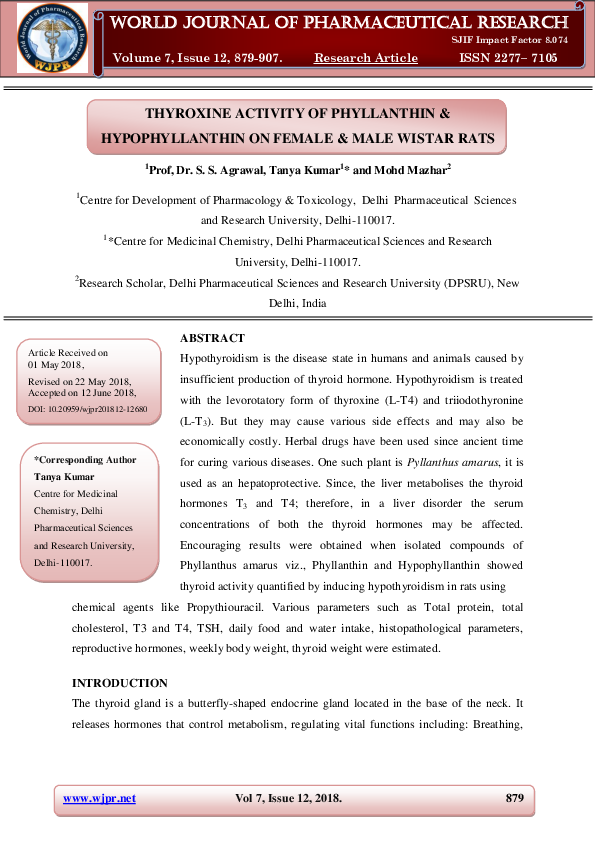 (PDF) THYROXINE ACTIVITY OF PHYLLANTHIN & HYPOPHYLLANTHIN ON FEMALE ...