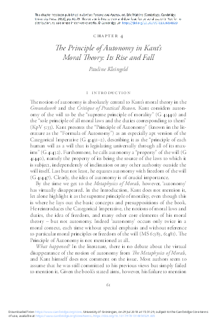 (PDF) The Principle of Autonomy in Kant's Moral Theory: Its Rise and Fall