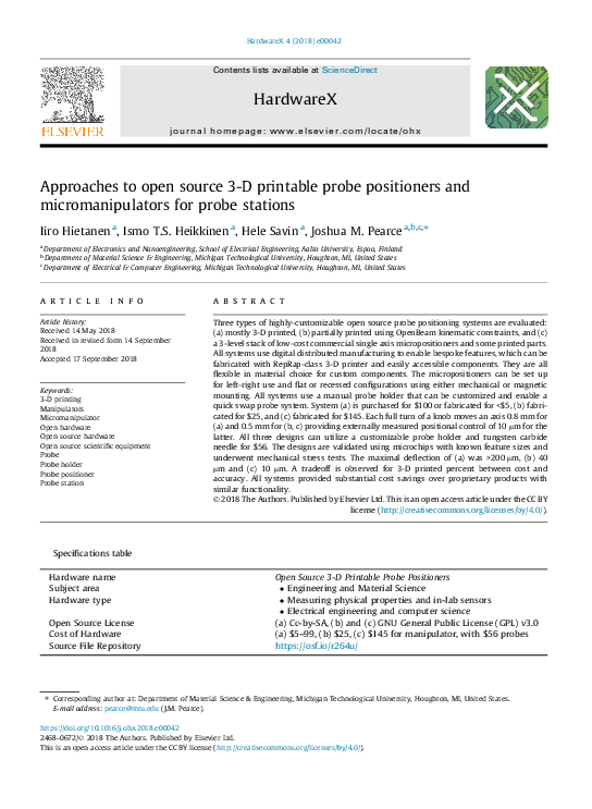 Approaches to open source 3-D printable probe positioners and ...