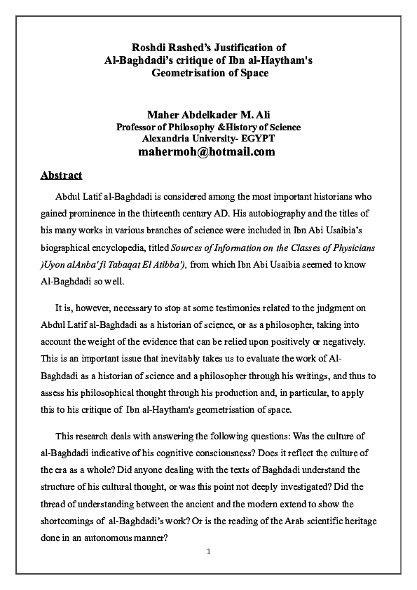 (DOC) Roshdi Rashed's Justification of Al-Baghdadi's critique of Ibn al ...